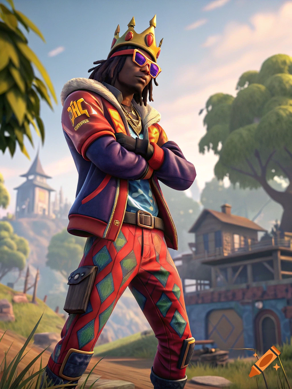 Stylized character in Fortnite-like game world, wearing a crown ...