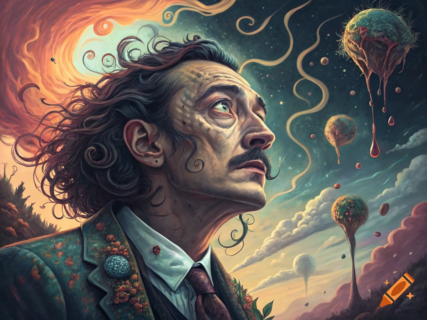 Surreal portrait of Salvador Dali looking at bizarre floating objects ...