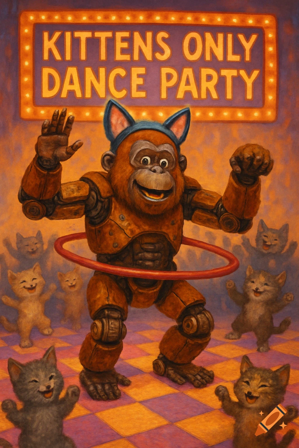 Illustrative painting of a mechanical orangutan with cat ears hula ...