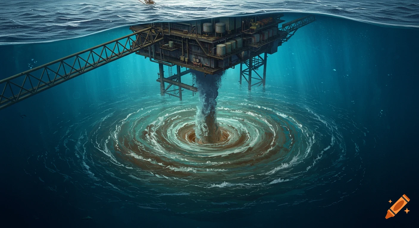 An oil rig sits on the ocean surface while a massive vortex swirls ...