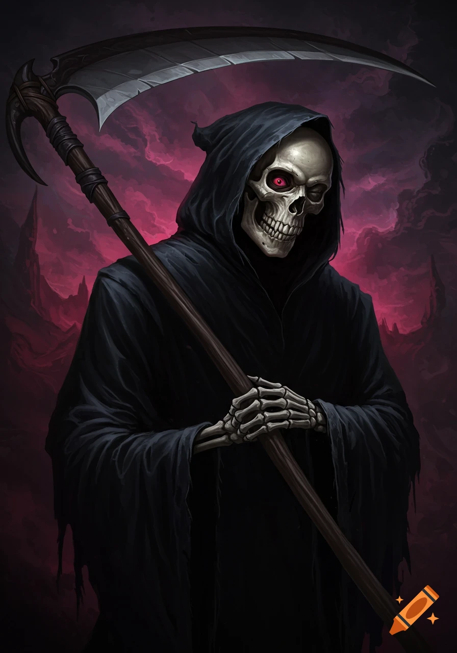 Grim Reaper in black robe holding a scythe, winking, against a dark sky ...