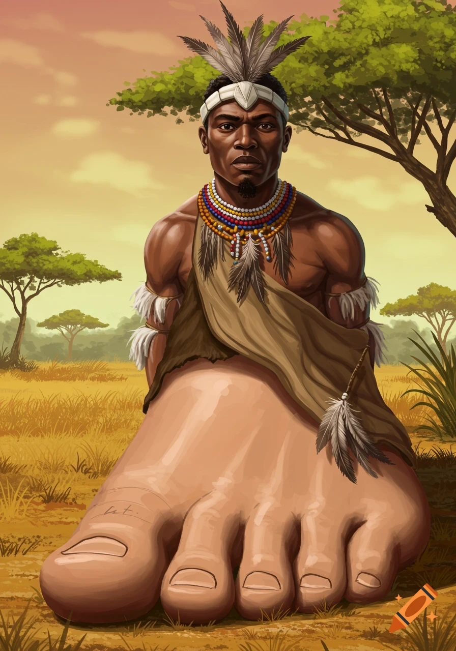 A warrior stands on a giant human toe in a savanna landscape. on Craiyon