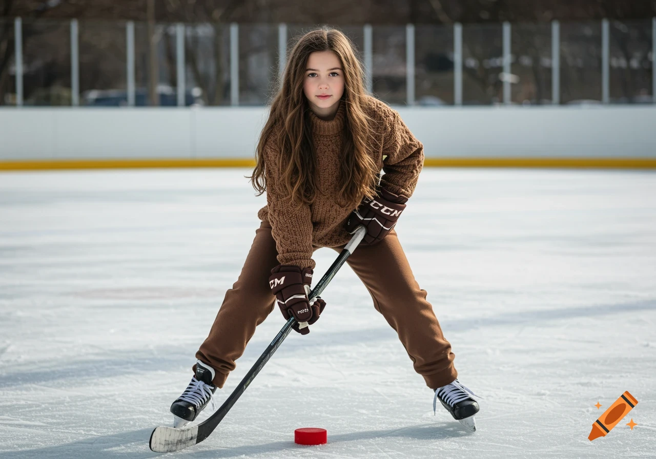 Girl playing hockey on an ice rink with a puck. on Craiyon