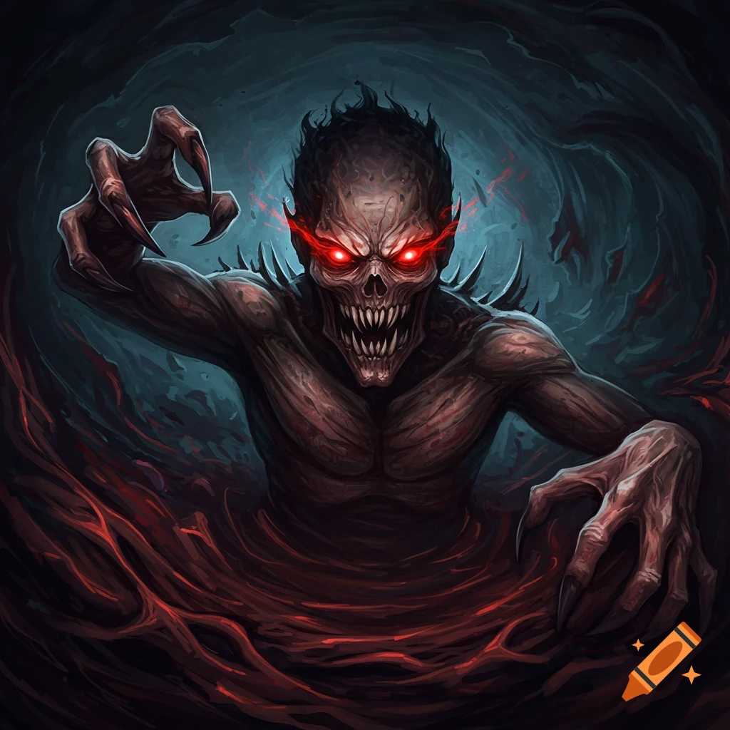 A terrifying monster with glowing red eyes, sharp teeth, and spindly limbs emerges from a dark ...