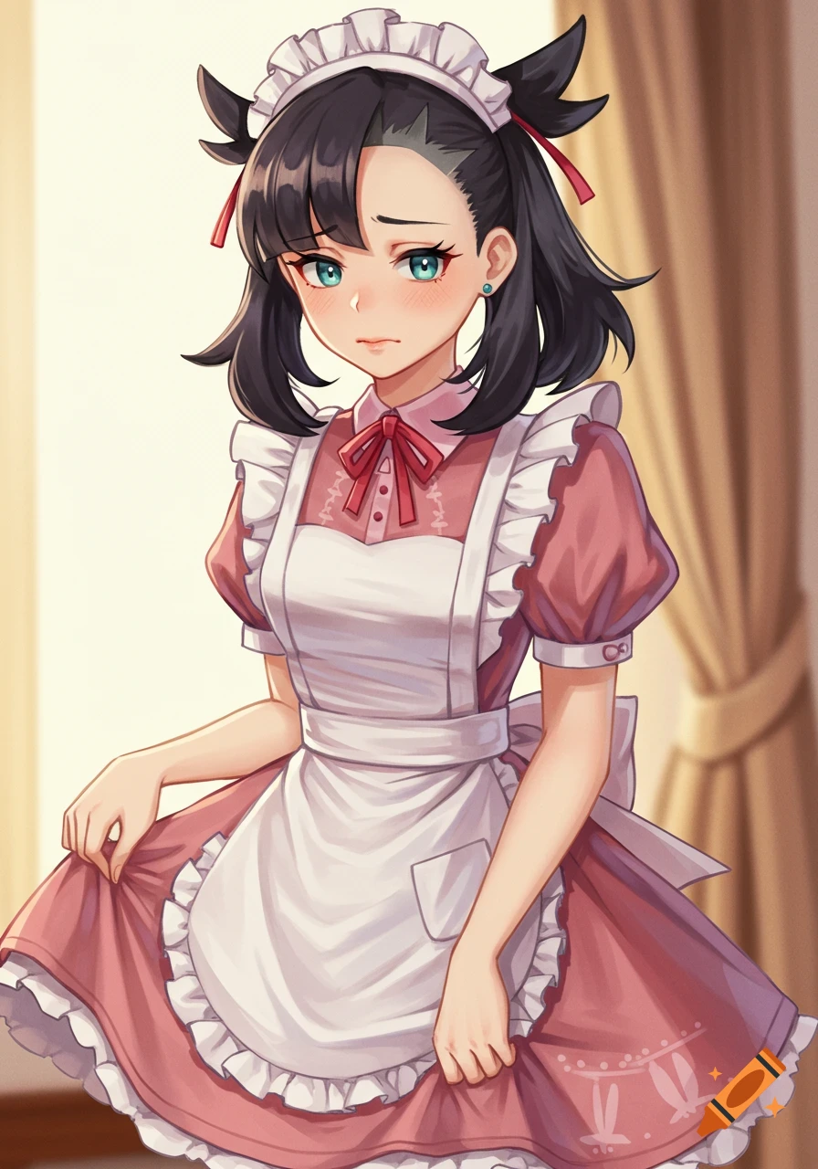 Anime illustration of Marnie from Pokemon in a pink maid outfit looking ...