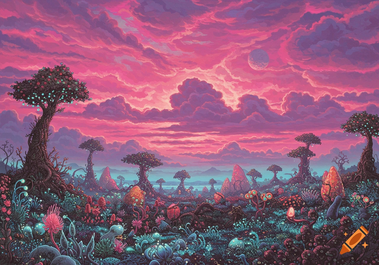 Detailed fantasy landscape of an alien planet with vibrant plants ...