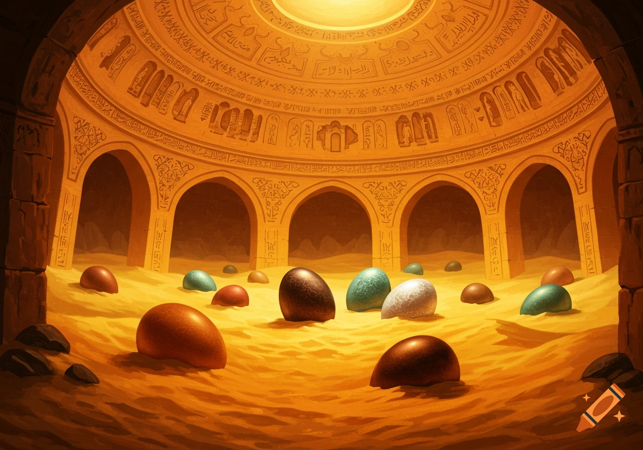 Ancient cavern filled with sand and large colorful eggs, with carved ...