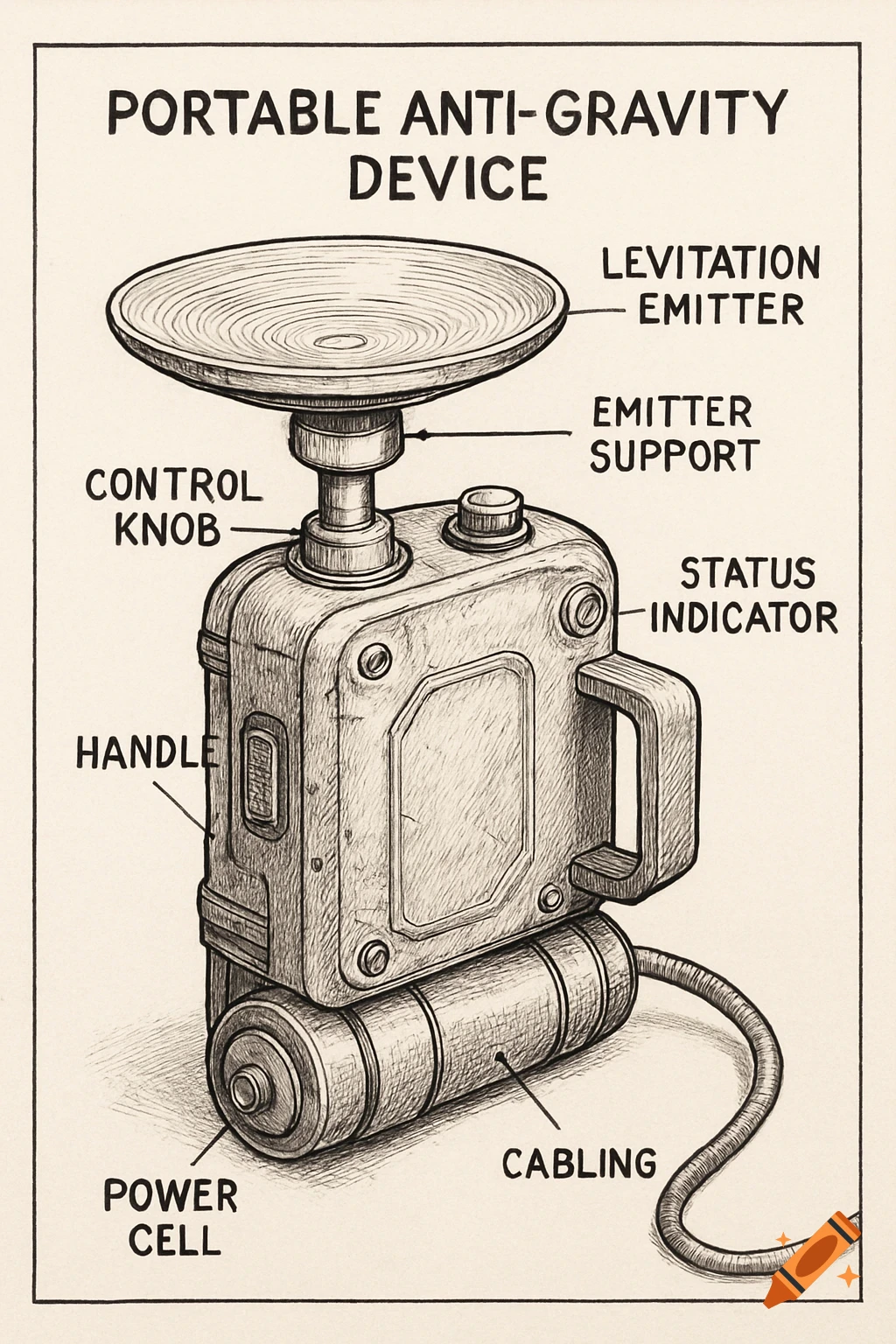A technical drawing illustration of a portable anti-gravity device with labels pointing to its ...