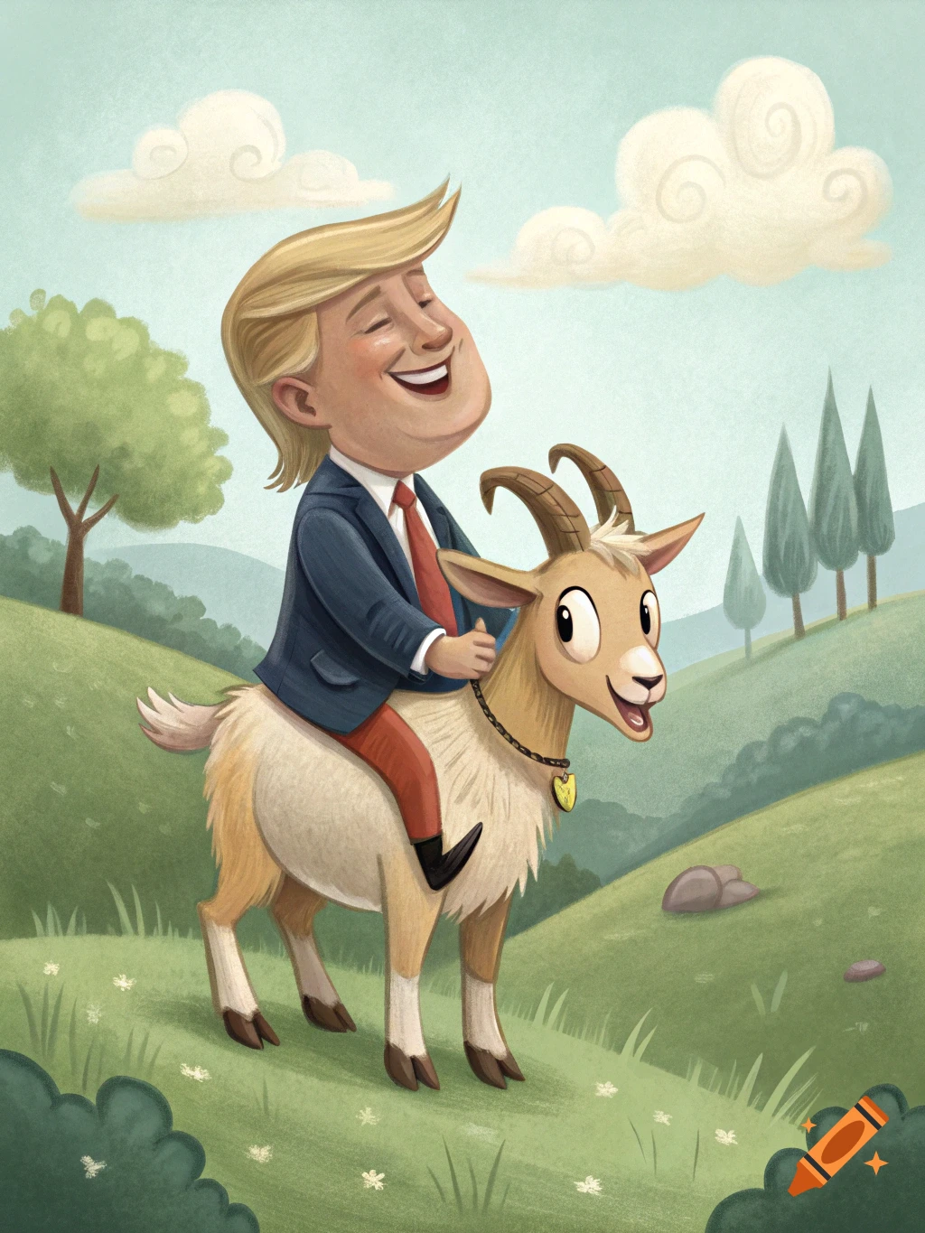 Illustration of Donald Trump riding a small goat in a field. on Craiyon