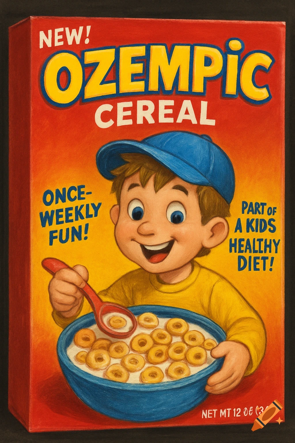 Cartoon boy on a cereal box labeled "OZEMPIC CEREAL" holding a spoon and bowl. on Craiyon