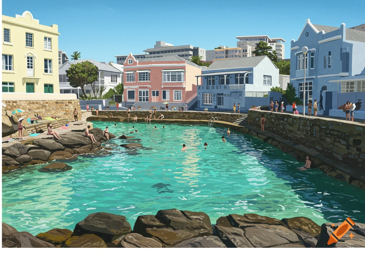 View of St James tidal pool with people swimming and sunbathing ...