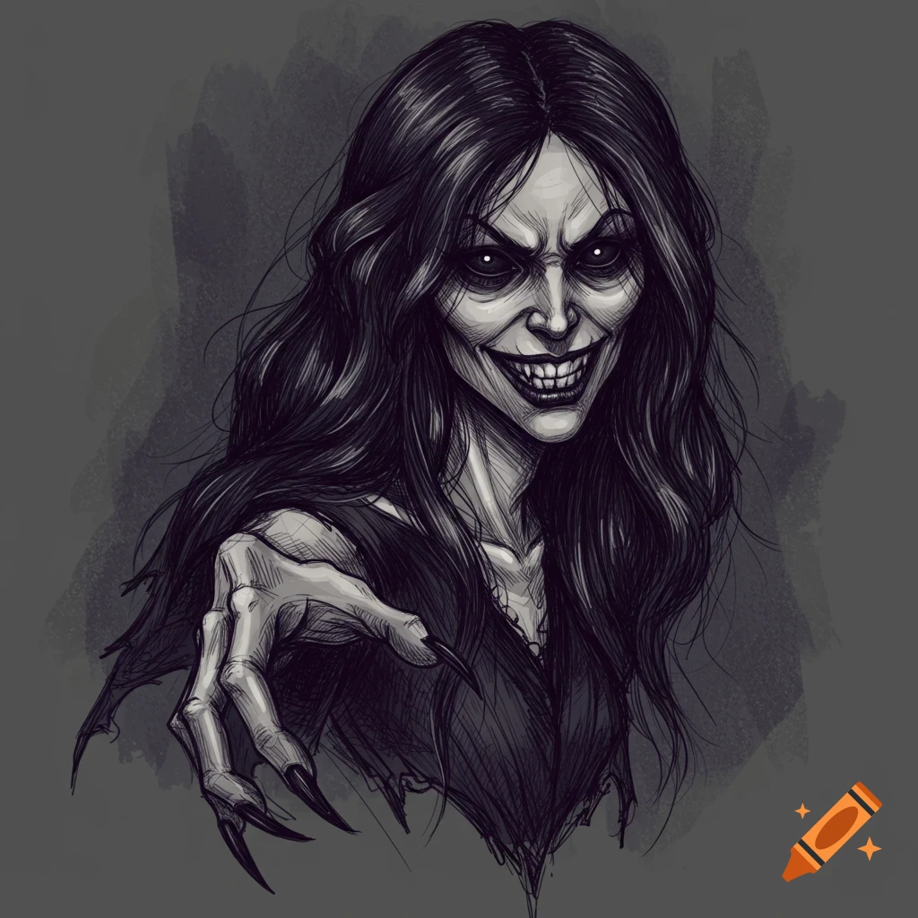 Pen drawing of a scary woman with fangs and claws reaching out on Craiyon