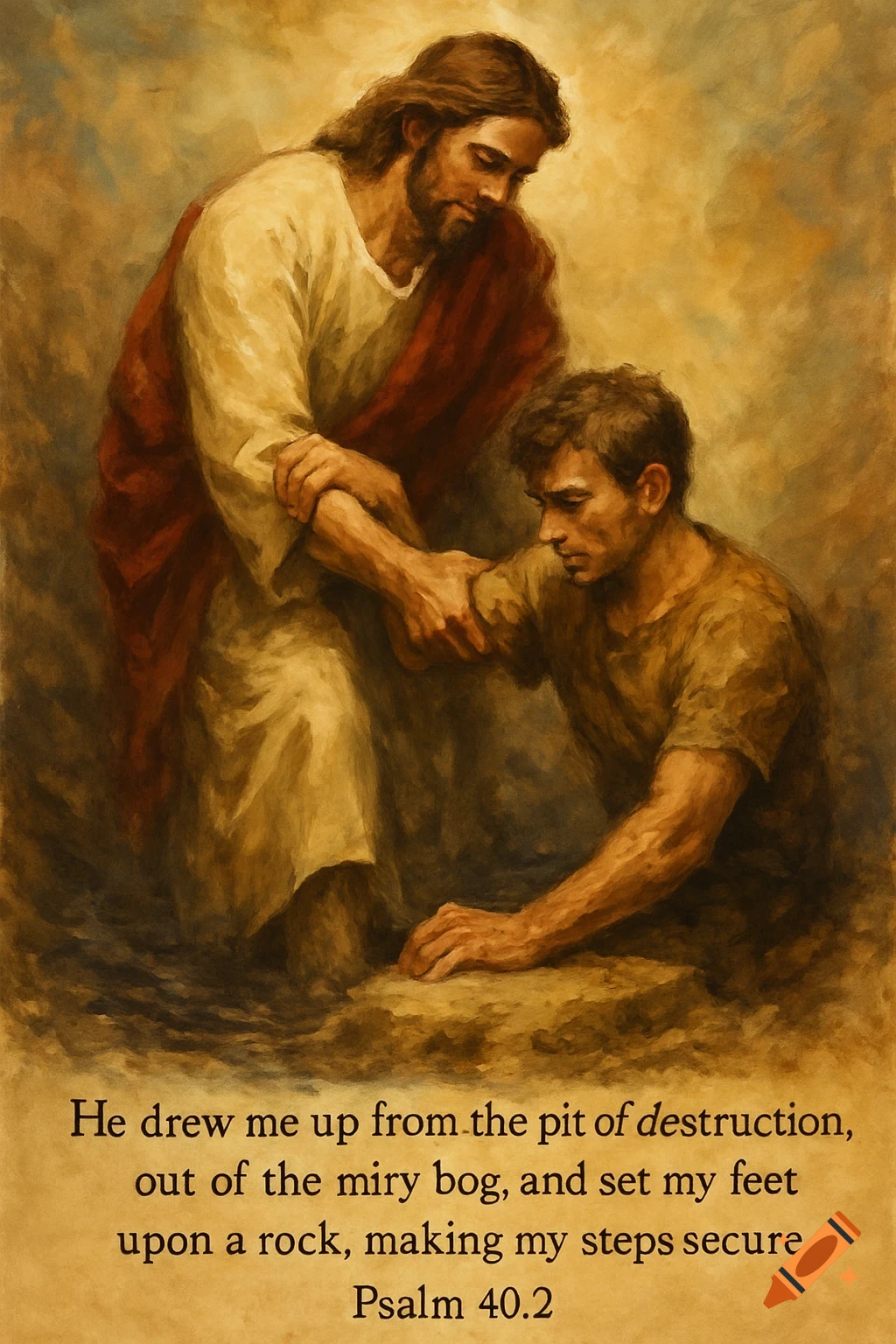 Painterly illustration of Jesus lifting a man from a pit, with Bible ...