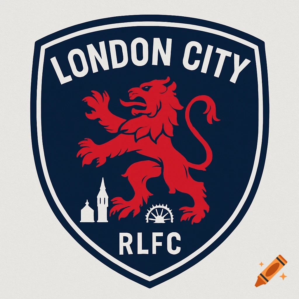 A dark blue shield badge with a red rampant lion, white city ...