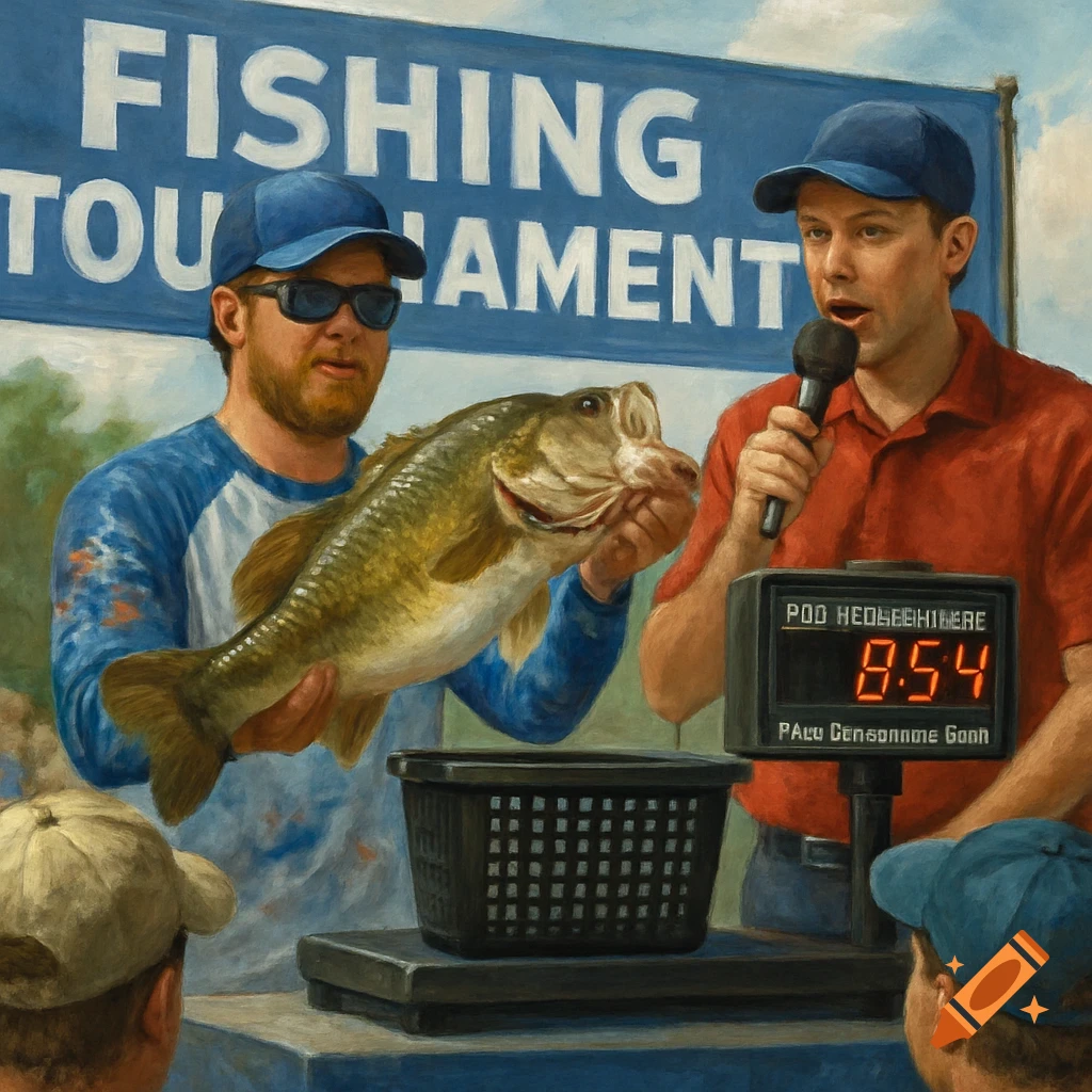 Men weigh a large bass at a fishing tournament weigh-in, painterly ...