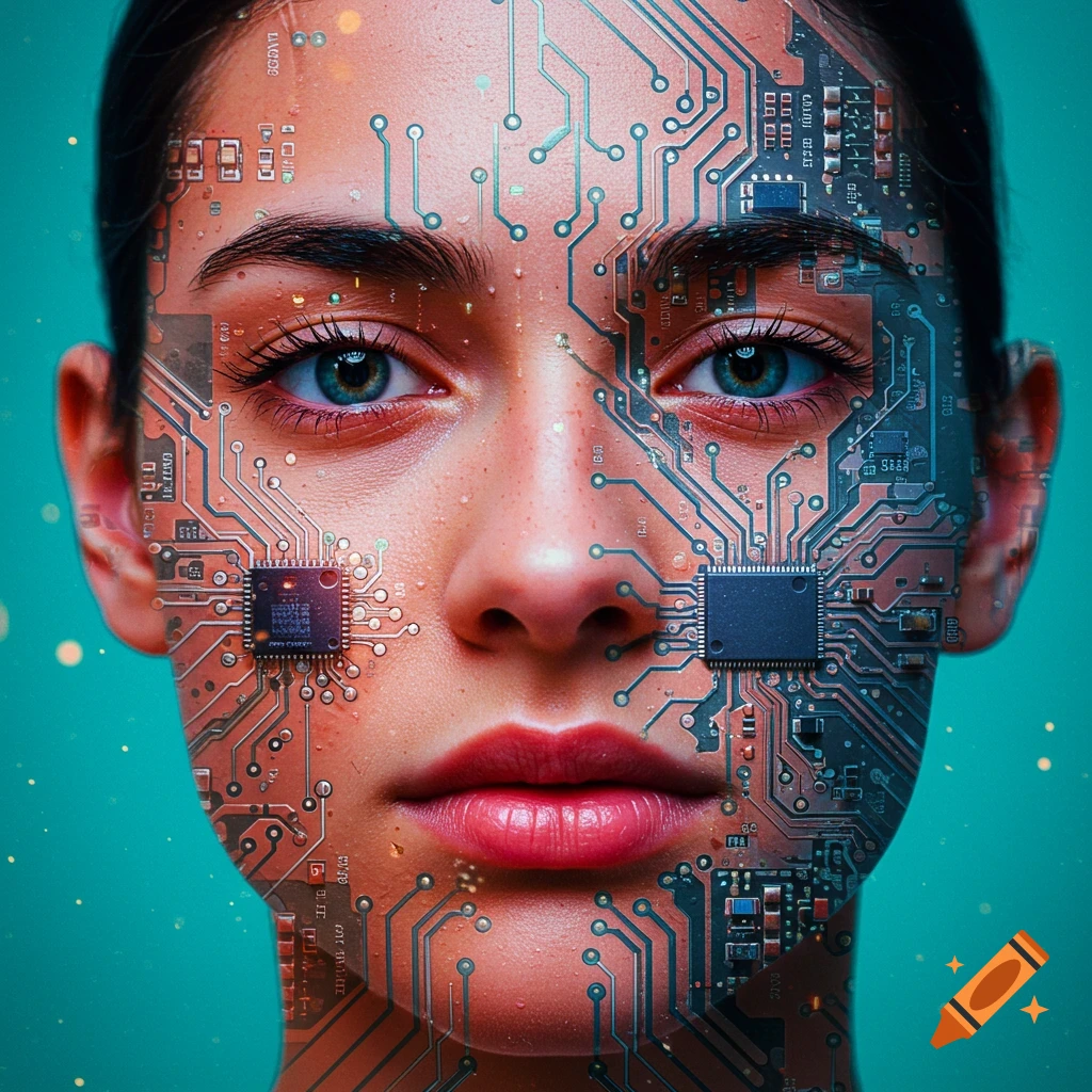 Close-up portrait of a woman's face overlaid with integrated circuit ...