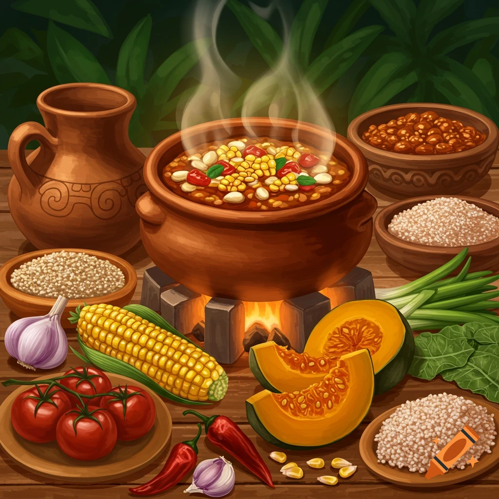 Illustrated still life of a clay pot of stew simmering over a fire ...