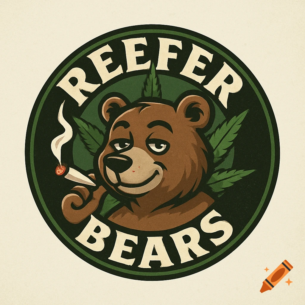 Logo of a cartoon bear smoking a joint, surrounded by cannabis leaves ...