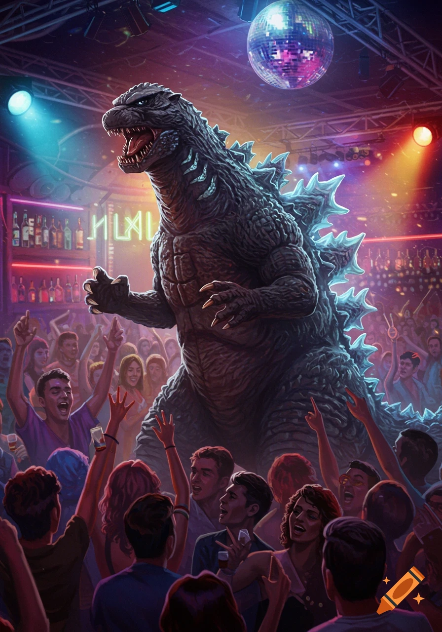 Godzilla stands in a crowded, vibrant nightclub under a disco ball ...