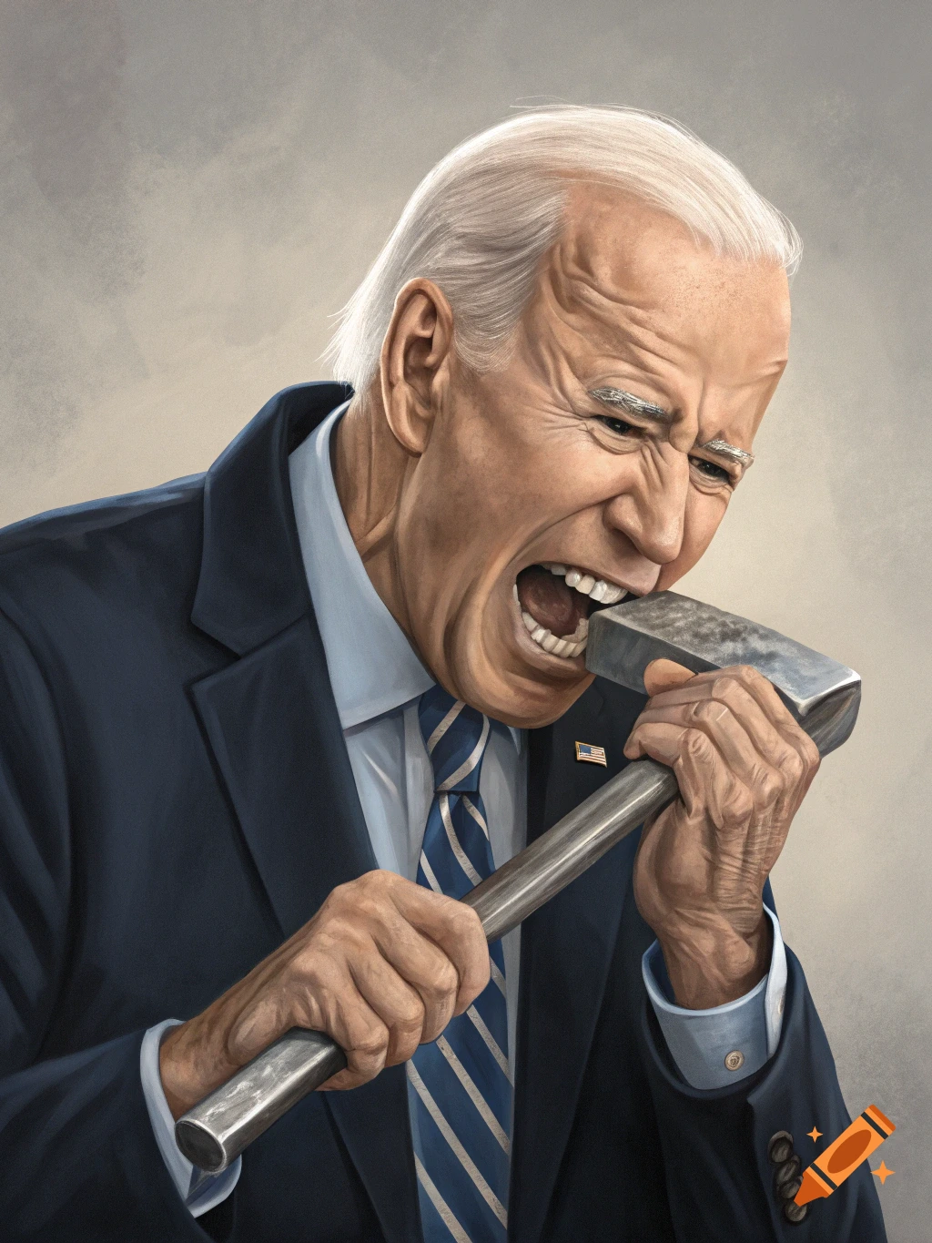 Detailed illustration of Joe Biden biting a hammer while wearing a suit ...