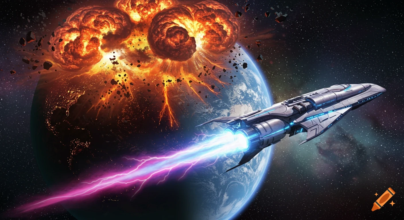 Spaceship flies away from an exploding Earth in space. on Craiyon