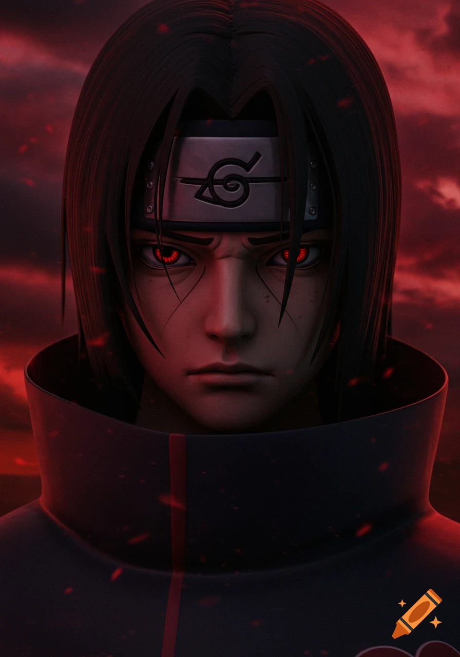 Close-up portrait of Itachi Uchiha from Naruto with red eyes and ...