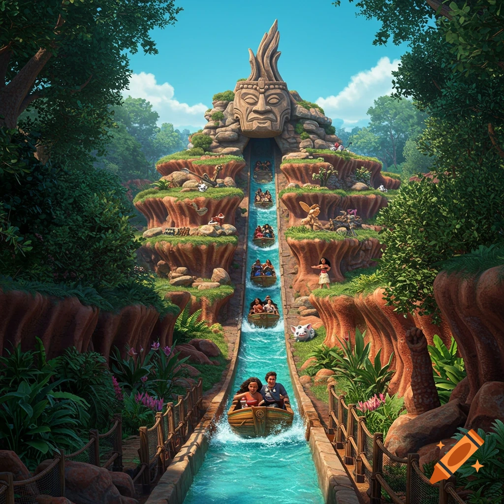 A theme park water ride with Moana characters and a large carved mask ...