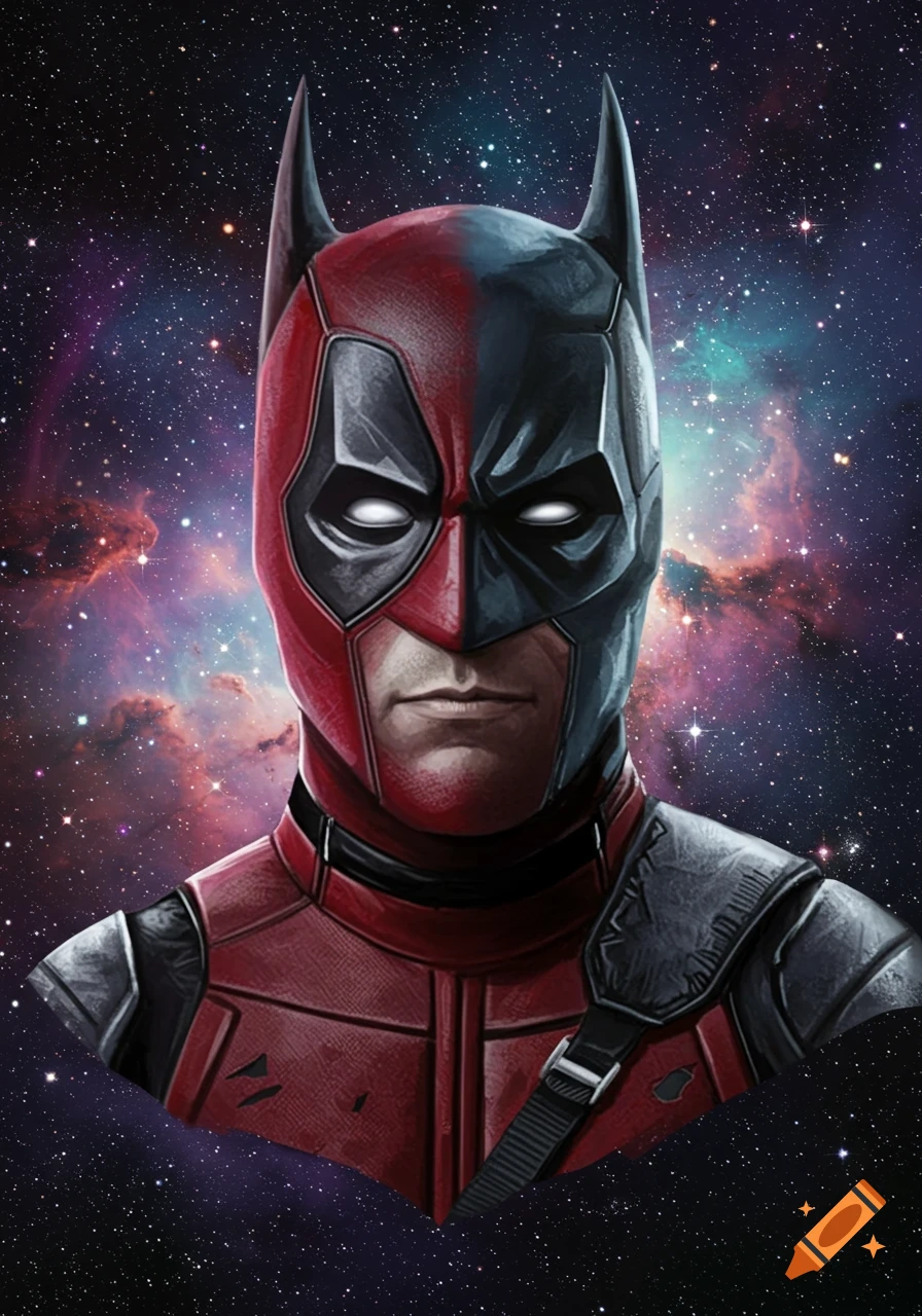 Portrait of a Batman and Deadpool hybrid character against a cosmic ...