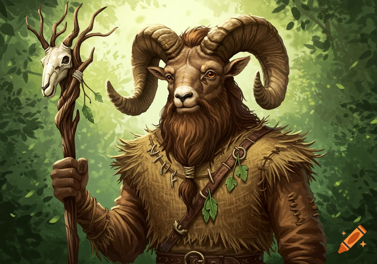 A fantasy portrait of a bighorn sheep humanoid druid holding a skull ...