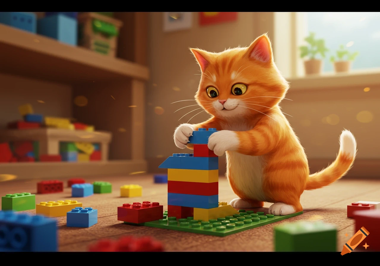 A cute cartoon orange tabby kitten builds a tower with colorful toy ...