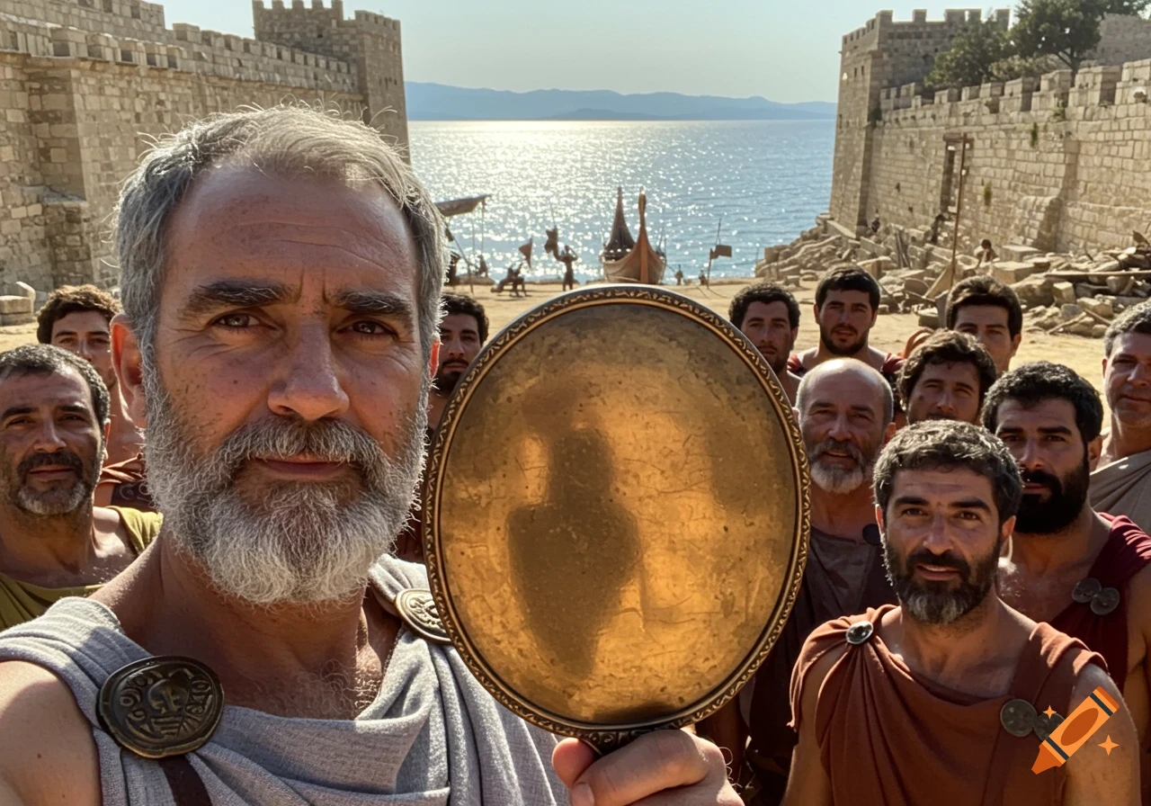 A man resembling Odysseus takes a selfie with his crew near ancient ...
