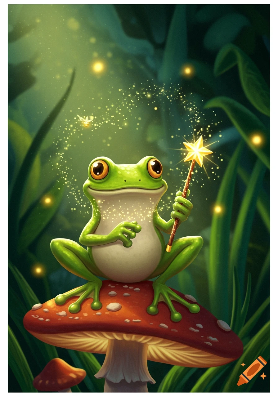 A cartoon green frog sits on a red mushroom, holding a magic wand that ...