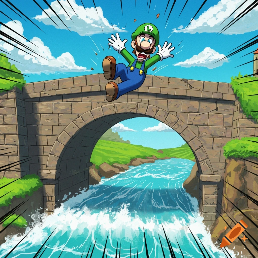 Luigi falls backward off a stone bridge over a river in a cartoon style ...