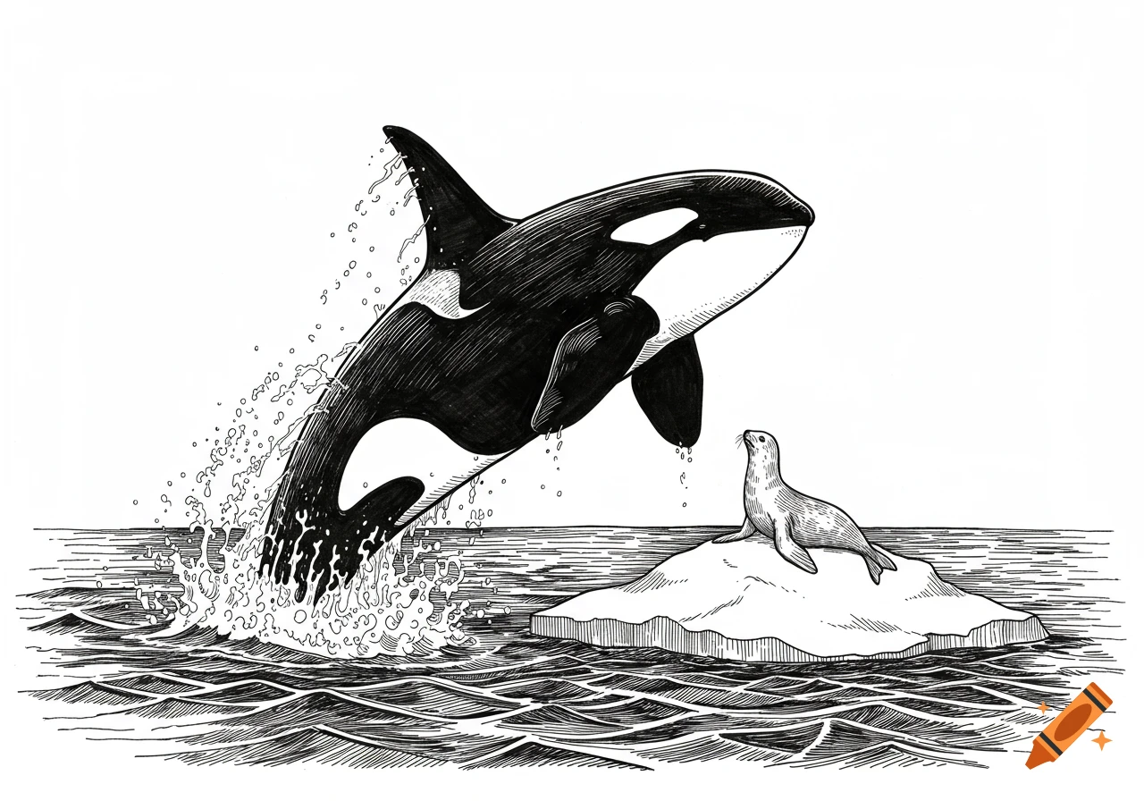 Black and white line drawing of an orca whale breaching towards a seal ...