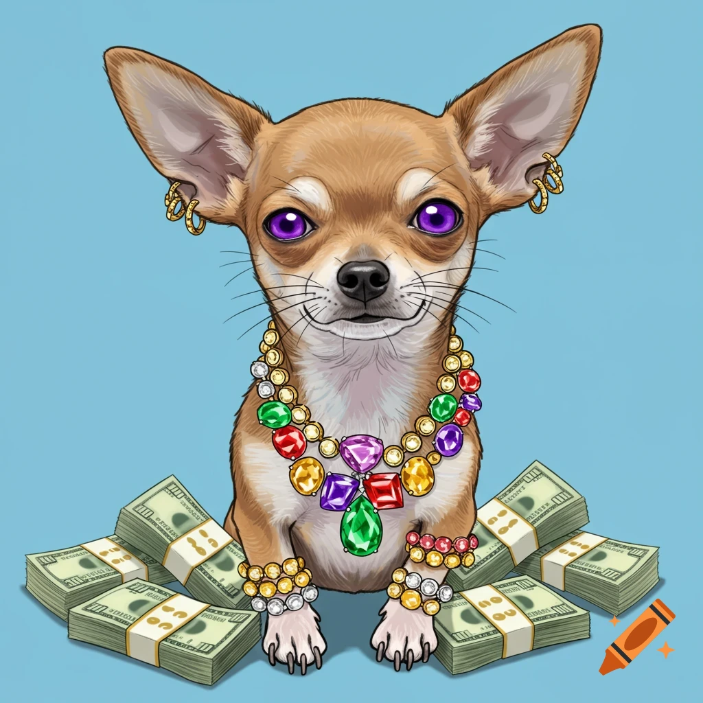 Illustration of a Chihuahua wearing jewelry and sitting on stacks of ...