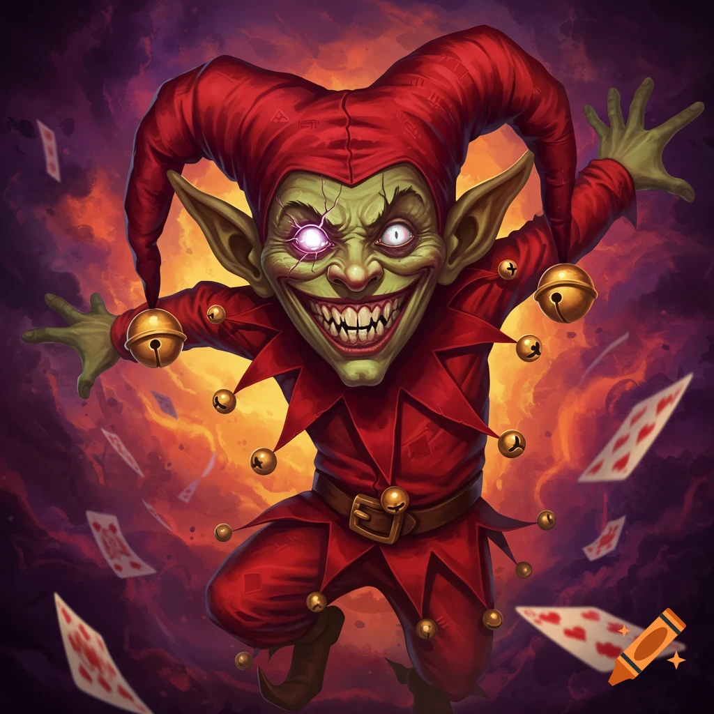 A grinning green goblin jester in red with bells and a cracked eye ...