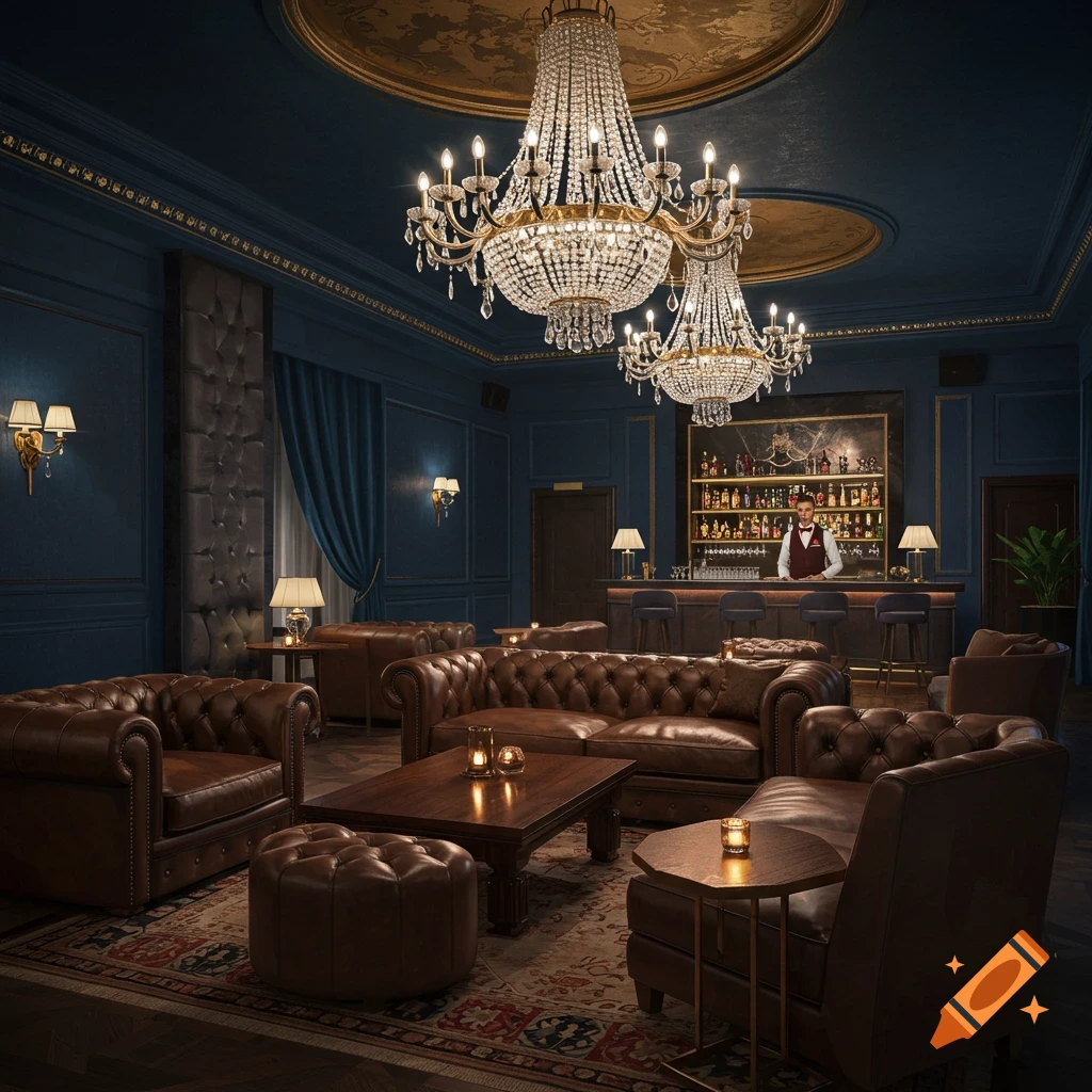 Luxurious bar and lounge area with chandeliers, brown leather sofas ...