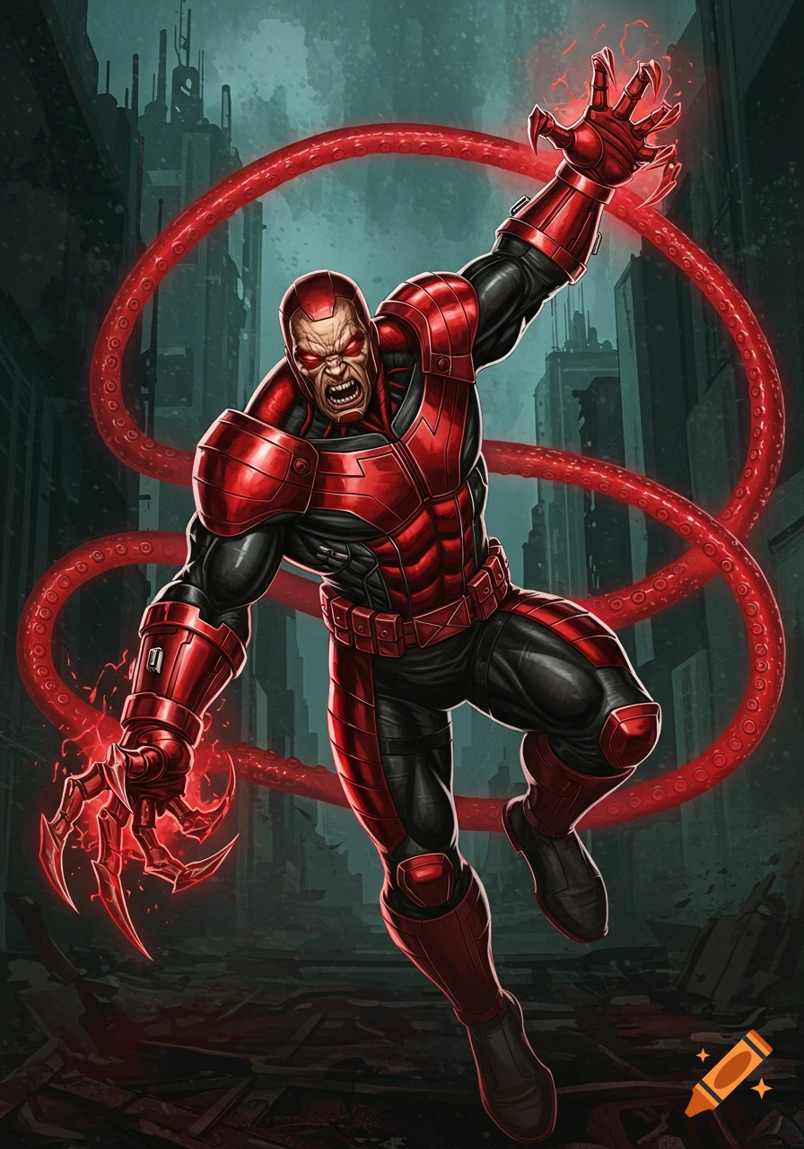 Omega Red, a Marvel character in a red and black suit, poses ...