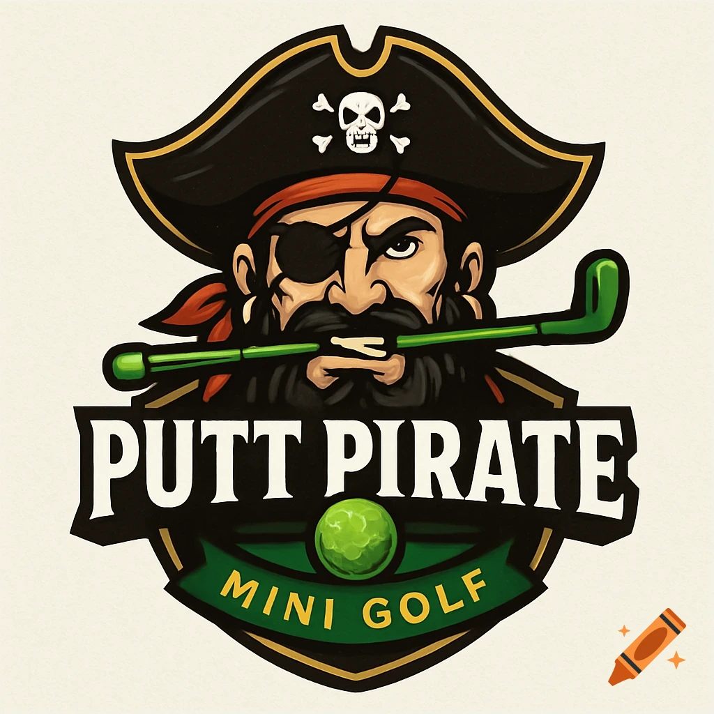 Logo of a cartoon pirate with an eye patch holding a golf club like a ...