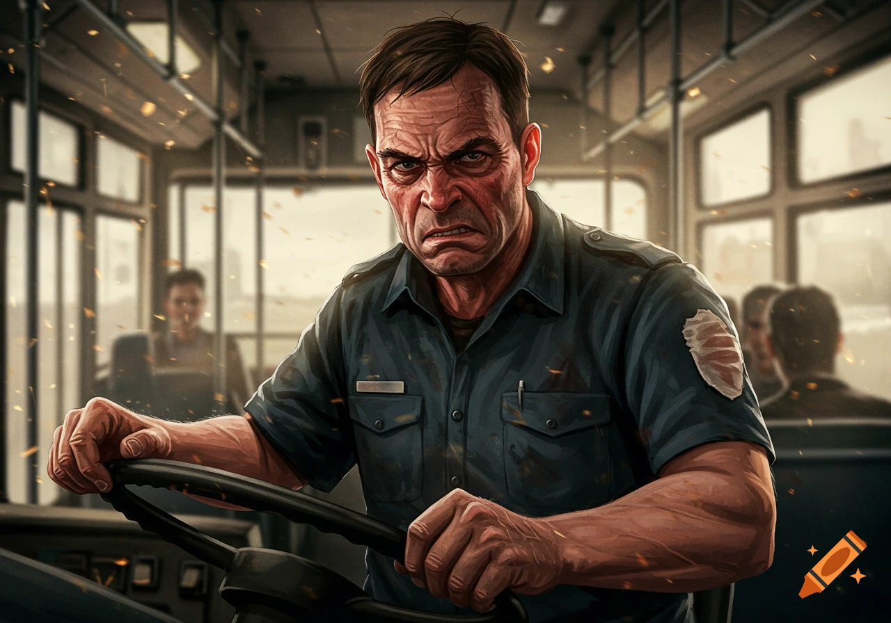 Angry bus driver behind the wheel of a bus, digital art. on Craiyon