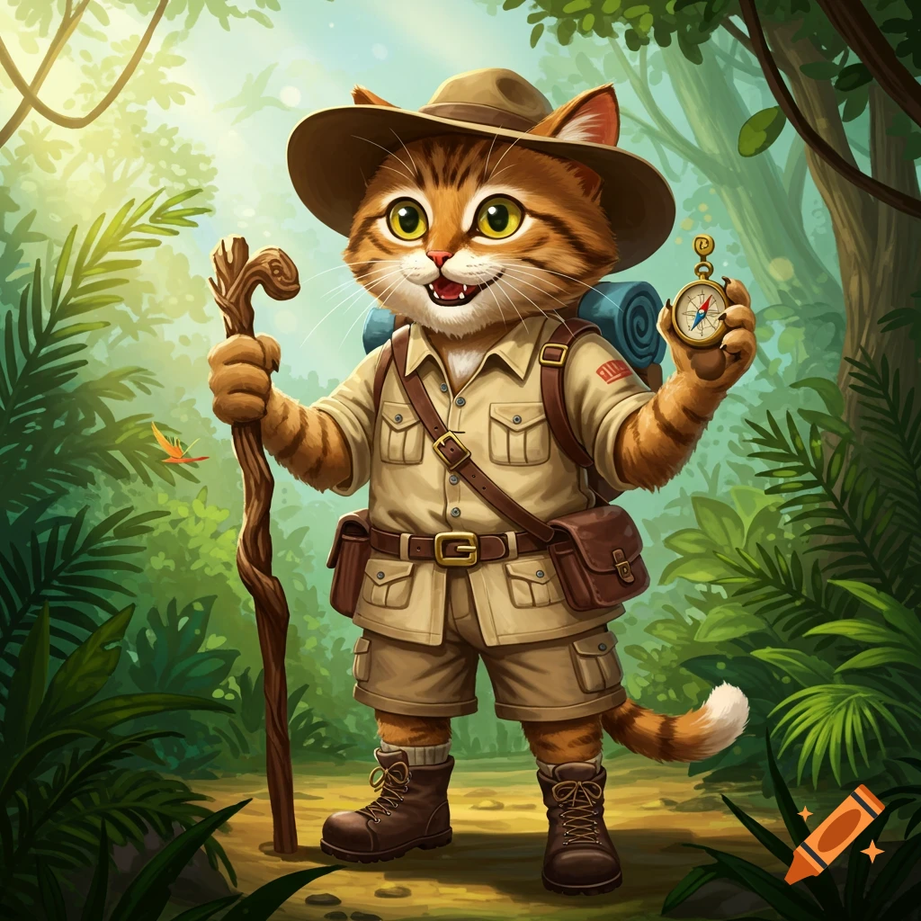 Cartoon cat explorer in a jungle with a hat, staff, and compass on Craiyon