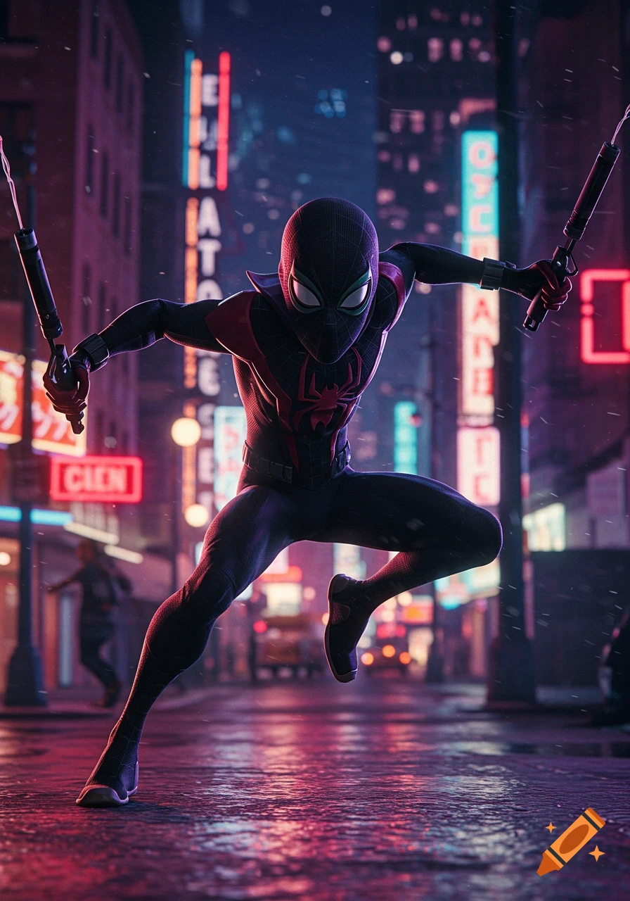 Miles Morales Spider-Man leaps in a dark, neon-lit futuristic city ...