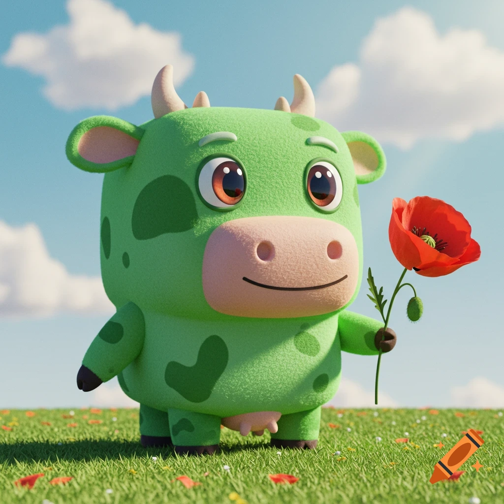 A green cube-shaped cartoon cow holds a red flower in a sunny field. on ...