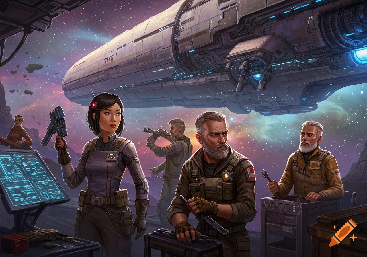 Sci-fi illustration of people working on a spaceship in space. on Craiyon