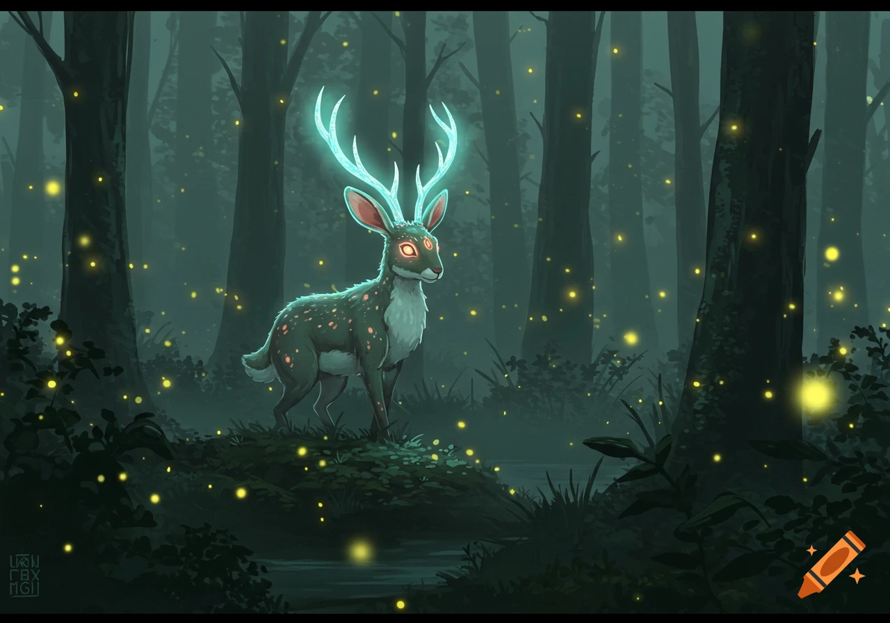 A mystical jackalope in a dark, firefly-lit forest in a fantasy ...