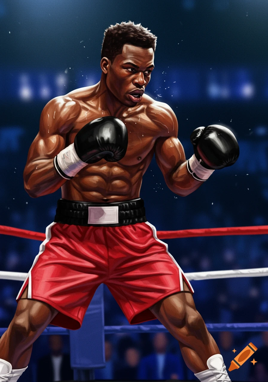 Illustration of a male boxer in a ring, in a fighting stance. on Craiyon