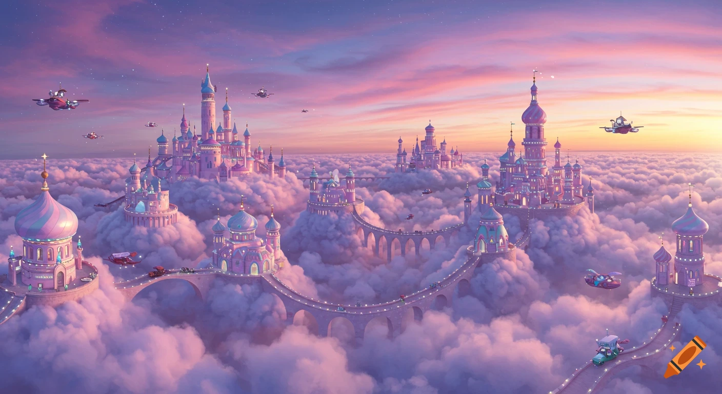 Vibrant fantasy cloud city with pink castles, bridges, and flying ...