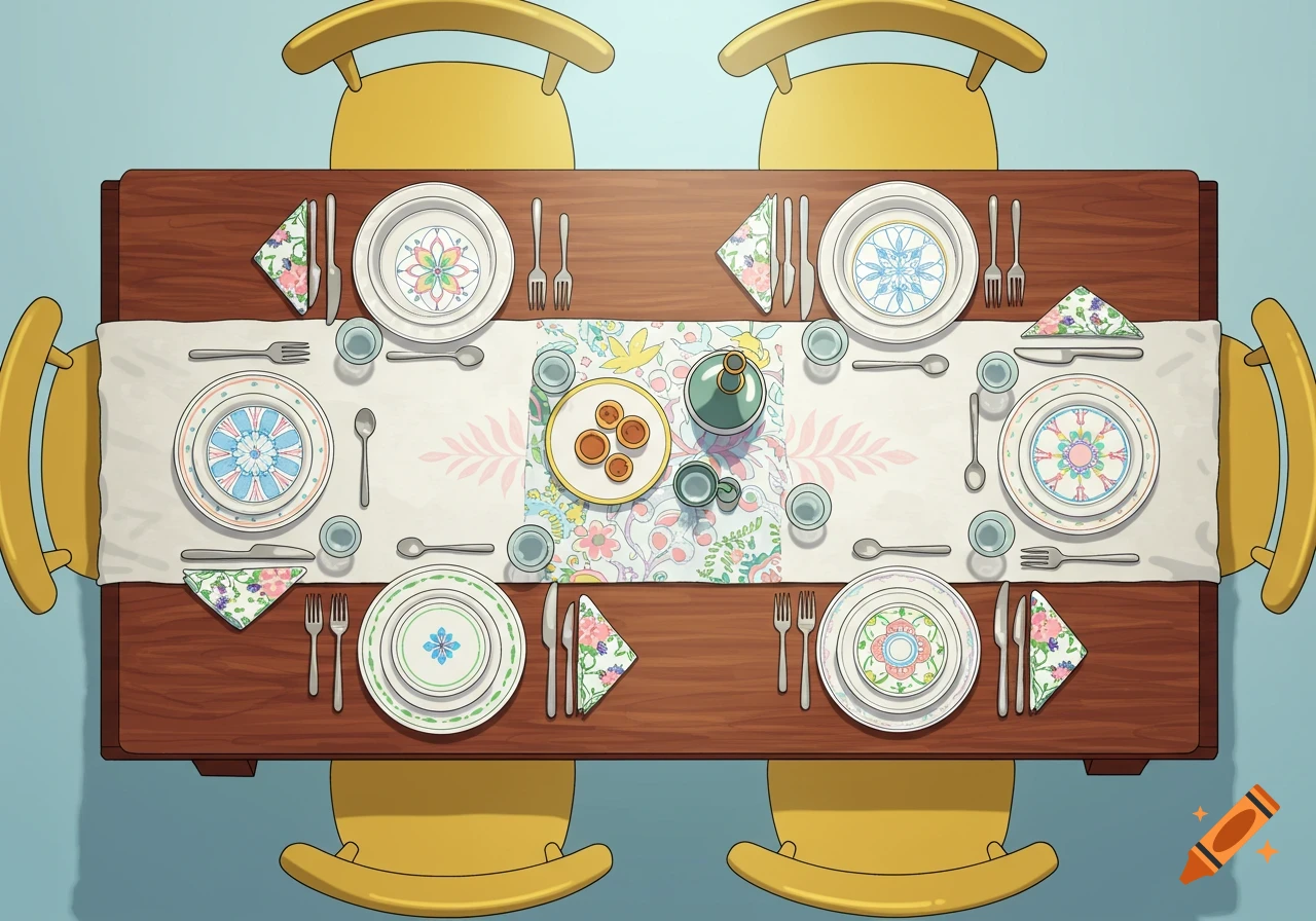 Top view of a cartoon dining table fully set for a meal. on Craiyon