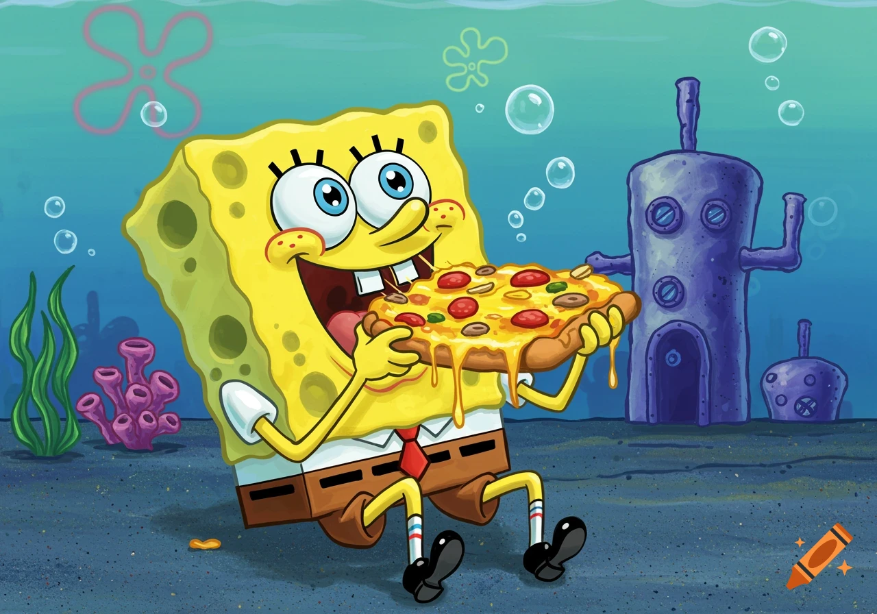 Spongebob Squarepants sits underwater eating a slice of pizza. on Craiyon