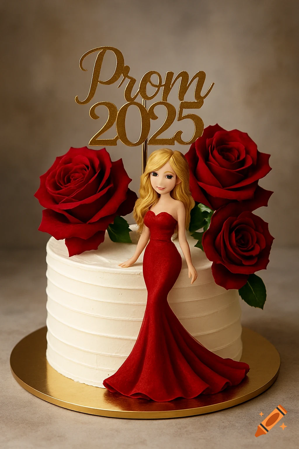 White cake decorated with red roses, a blonde doll in a red dress, and ...